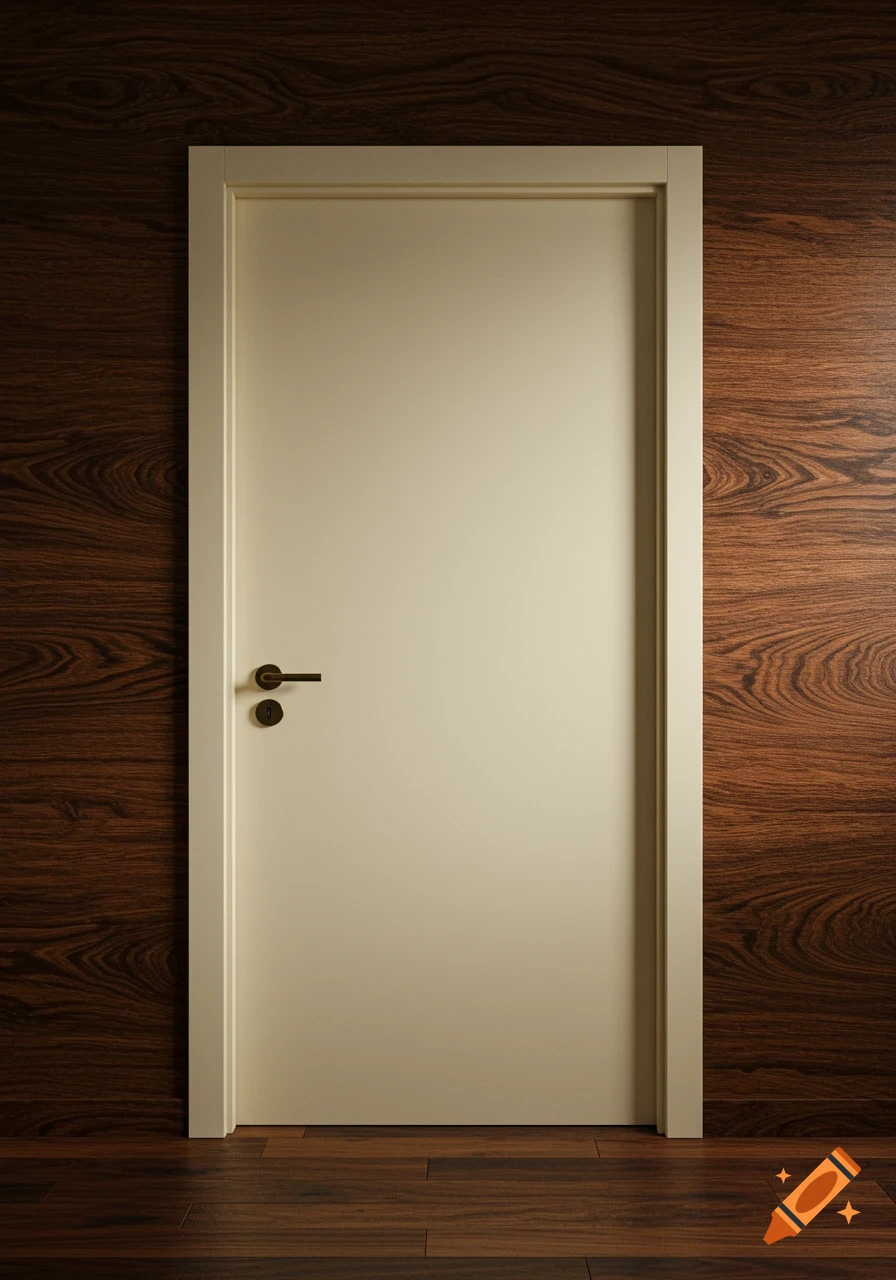 A cream-colored door with a dark handle and lock, set against a rich ...