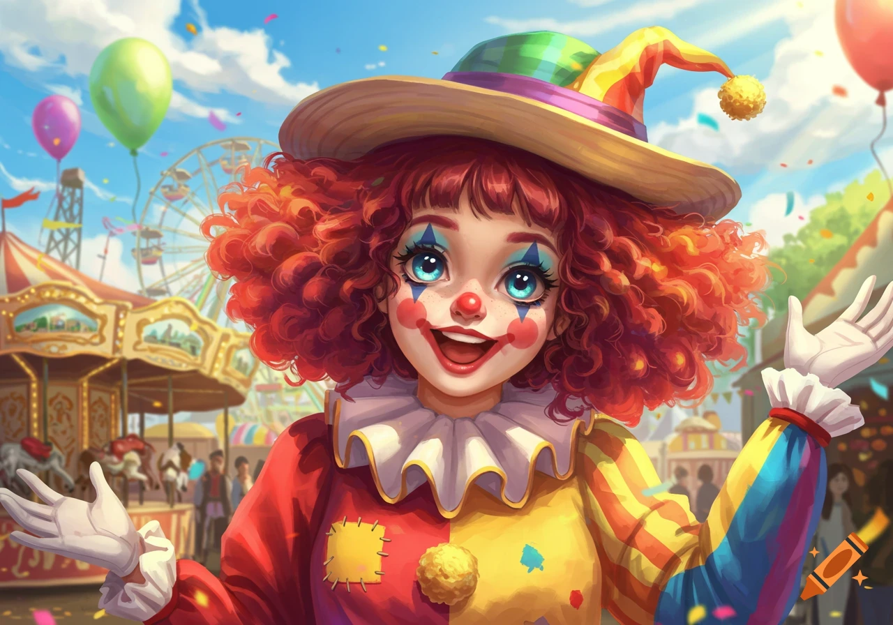 A colorful cartoon clown-like man and a girl in striped clothes hug on ...