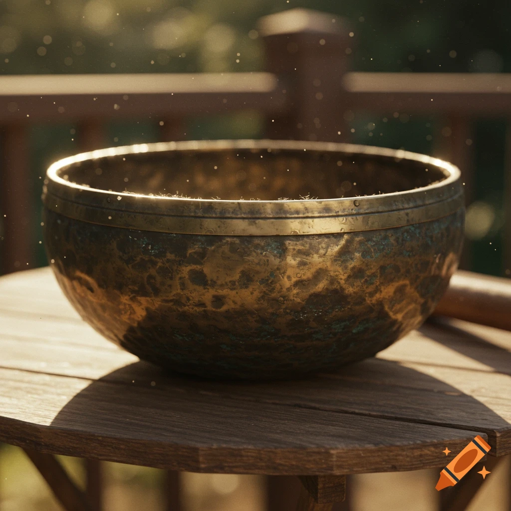 Crumpled golden paper rests on an ornate wooden table bathed in ...