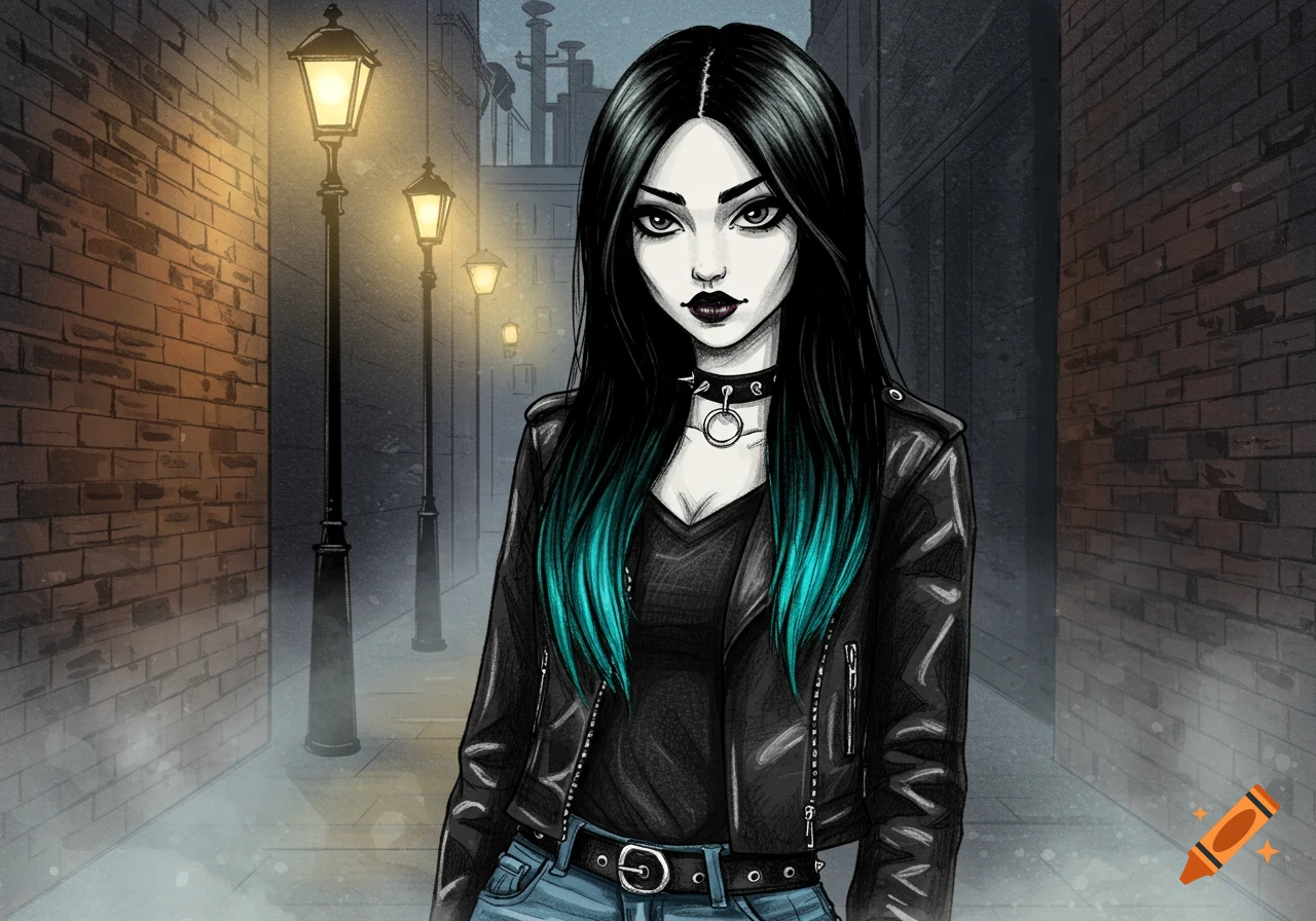 Drawn goth girl with black and teal hair, wearing a leather jacket and ...