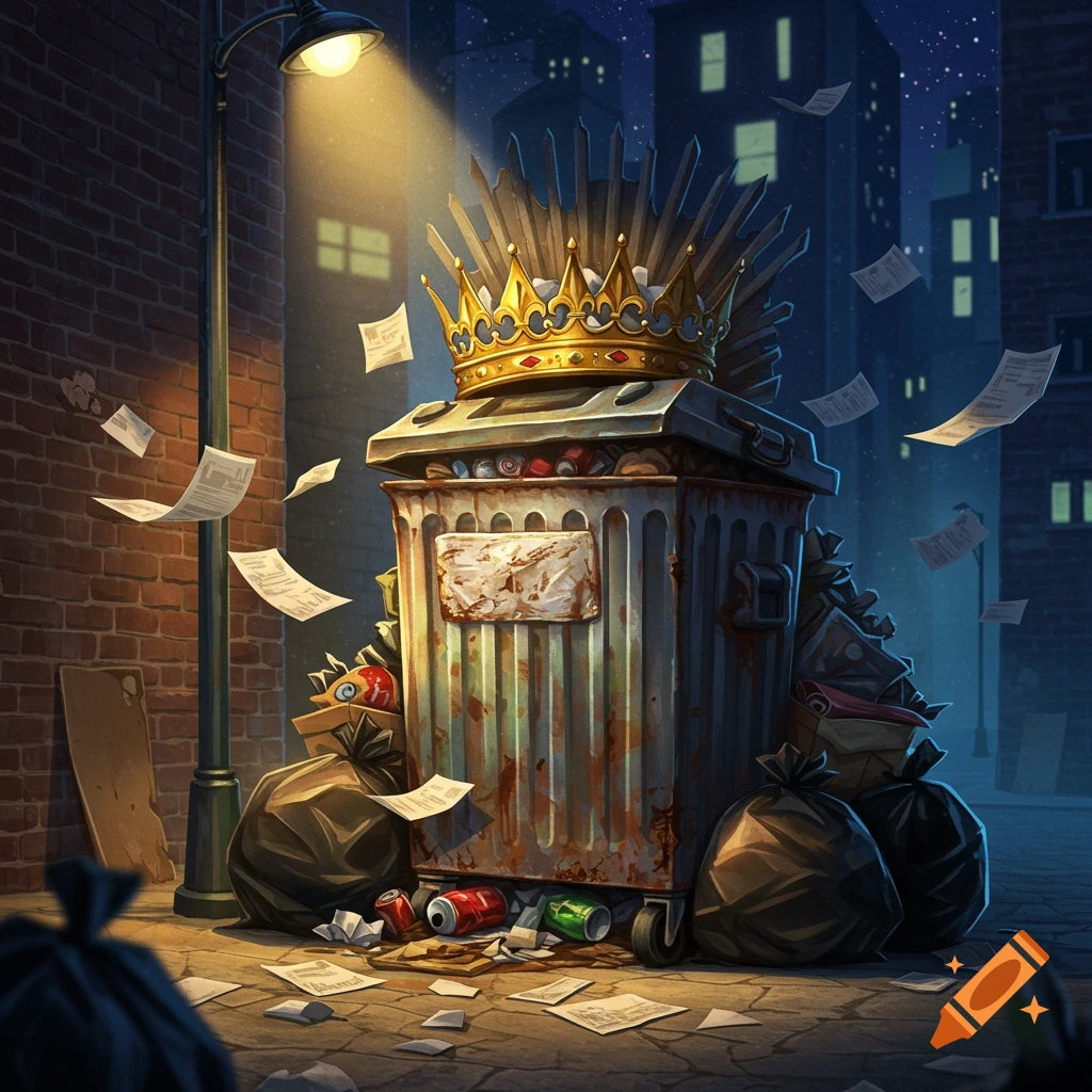 A crowned trash can overflowing with garbage, with papers flying around ...
