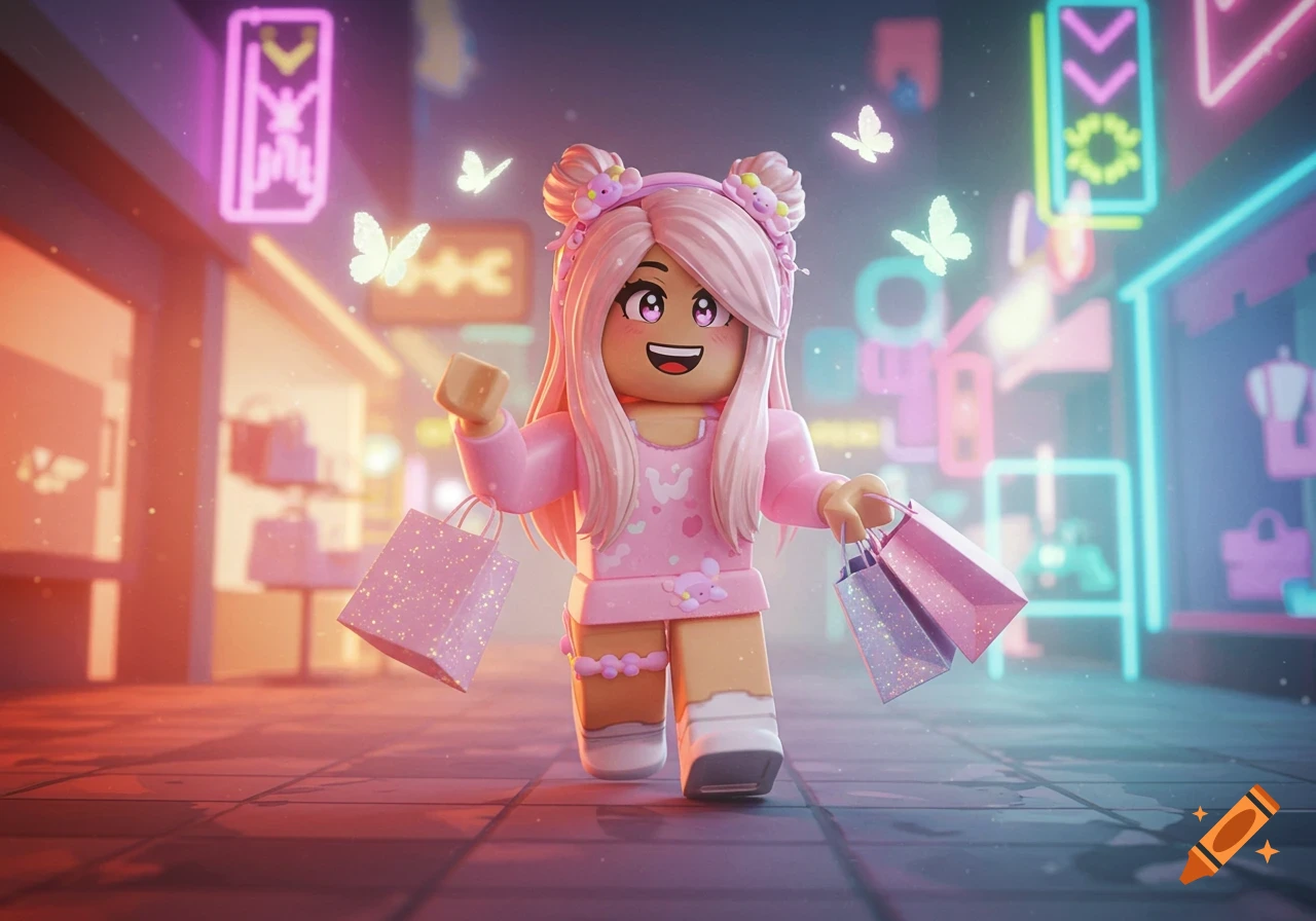 A cute Roblox avatar with pink hair, a fuzzy pink and blue top, and a ...