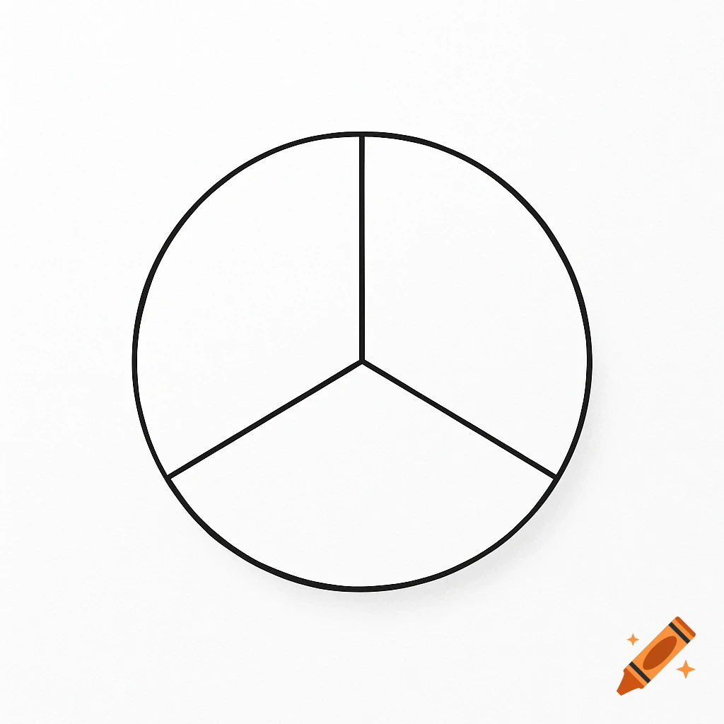 A black outline of a circle divided into three equal sections against a ...
