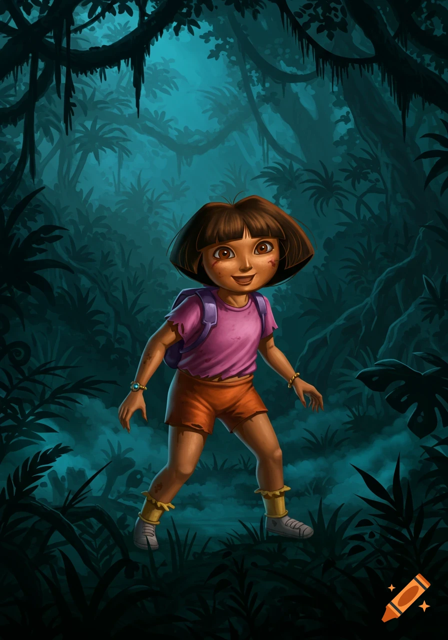 Dora the Explorer stands cautiously in a dark, mysterious jungle, her ...