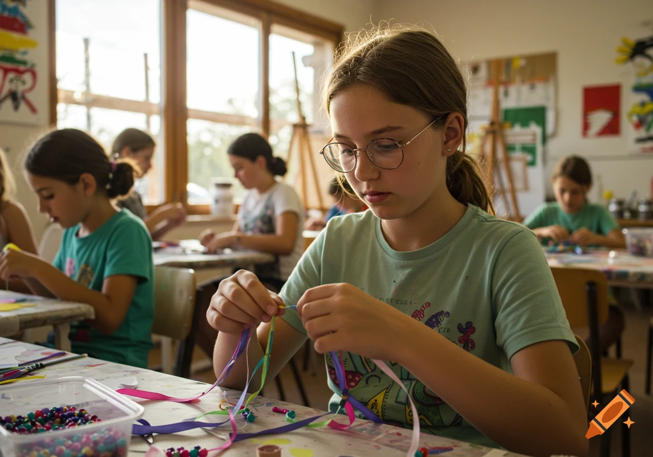 A girl with glasses makes crafts with colorful ribbons and beads at a ...