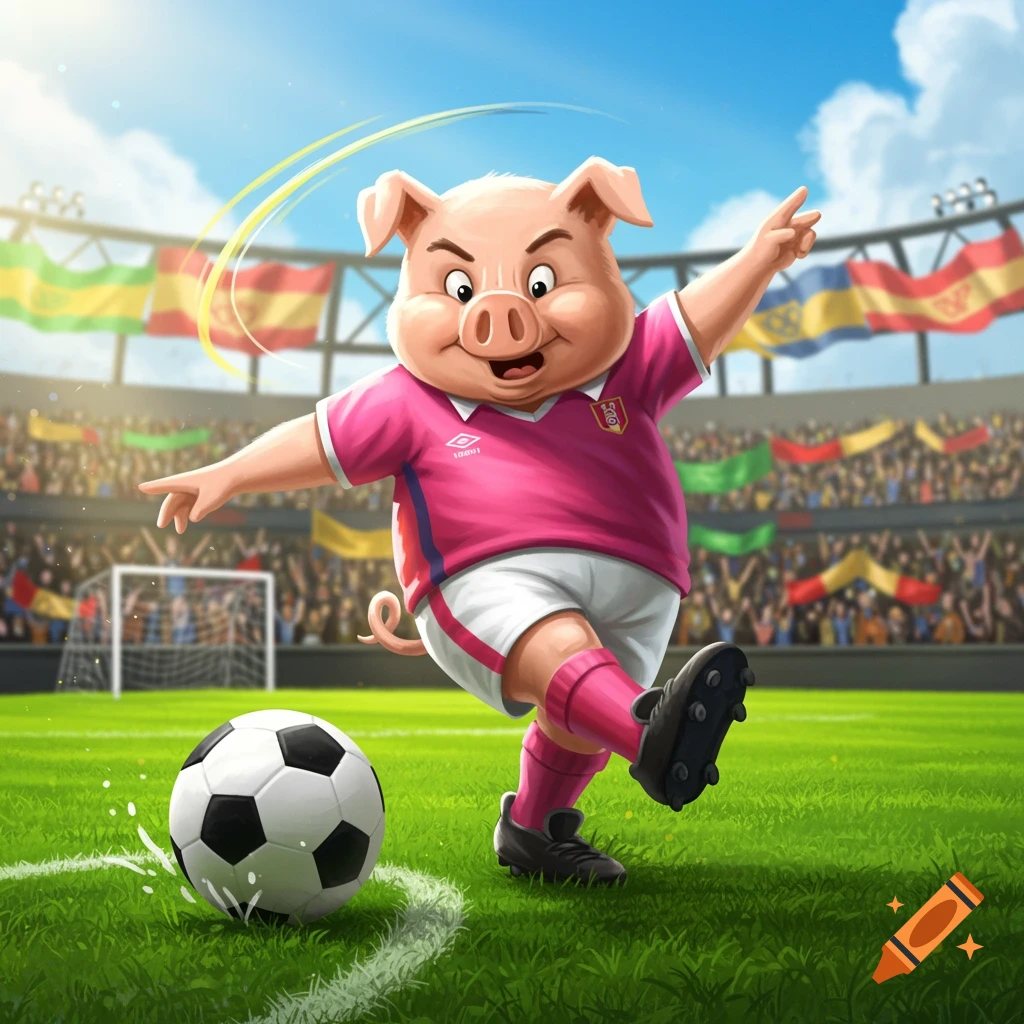 A cartoon pig in a pink soccer uniform kicks a soccer ball on a green ...