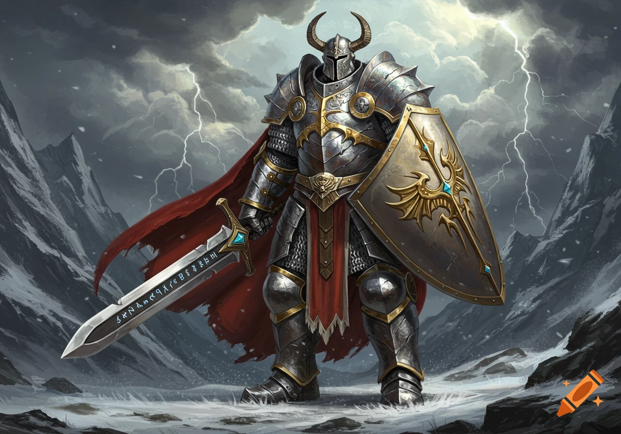 A mighty goliath knight in tarnished armor and a crimson cloak wields a ...