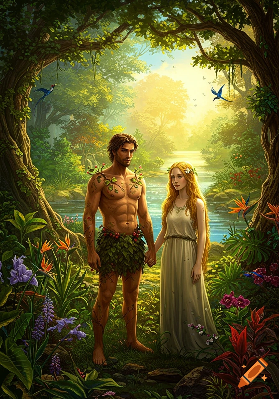 Adam and Eve stand hand-in-hand in a vibrant, sunlit Garden of Eden ...