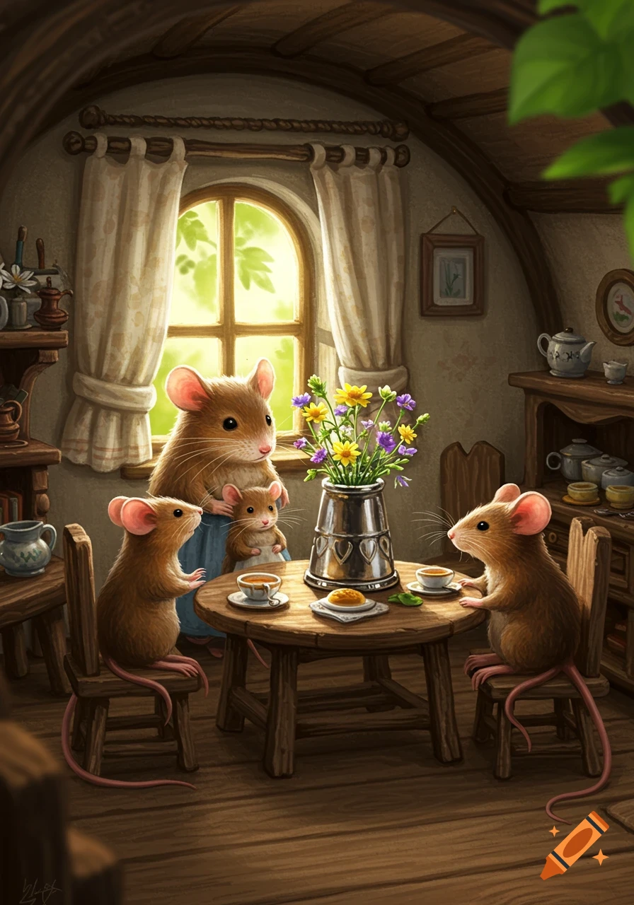 Two cute steampunk mice in a lab, one writing, one with a microscope ...