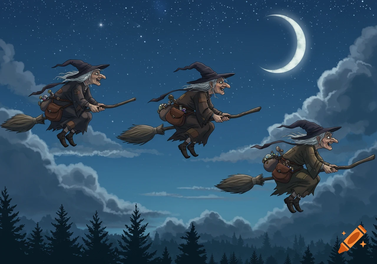 Three cartoon old witches fly on broomsticks across a starry night sky ...