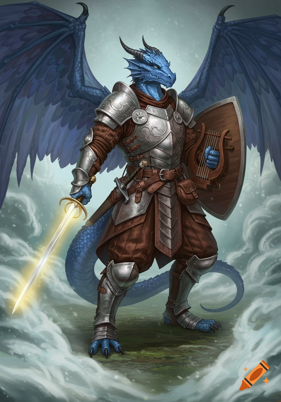 A detailed illustration of a blue female dragonborn warrior in armor ...