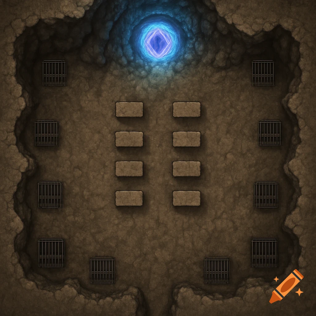 Stylized top-down dungeon map on a hexagonal grid, with stone walls, various rooms, and multiple ...