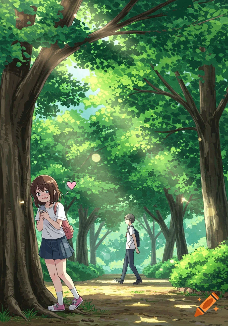 Anime illustration of a shy girl with a pink heart over her head ...