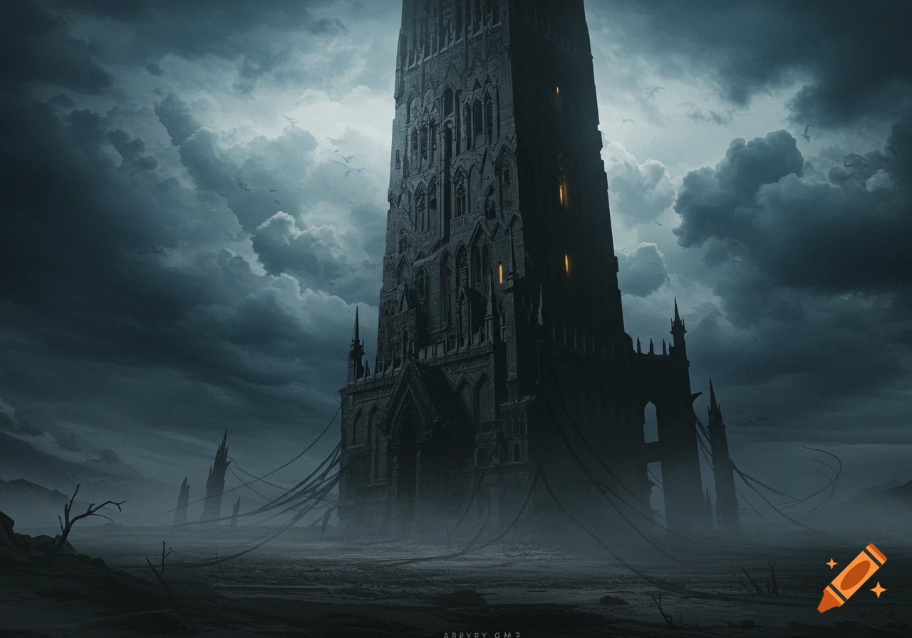 An ominous, tall, dark gothic tower stands under a stormy, cloudy sky ...