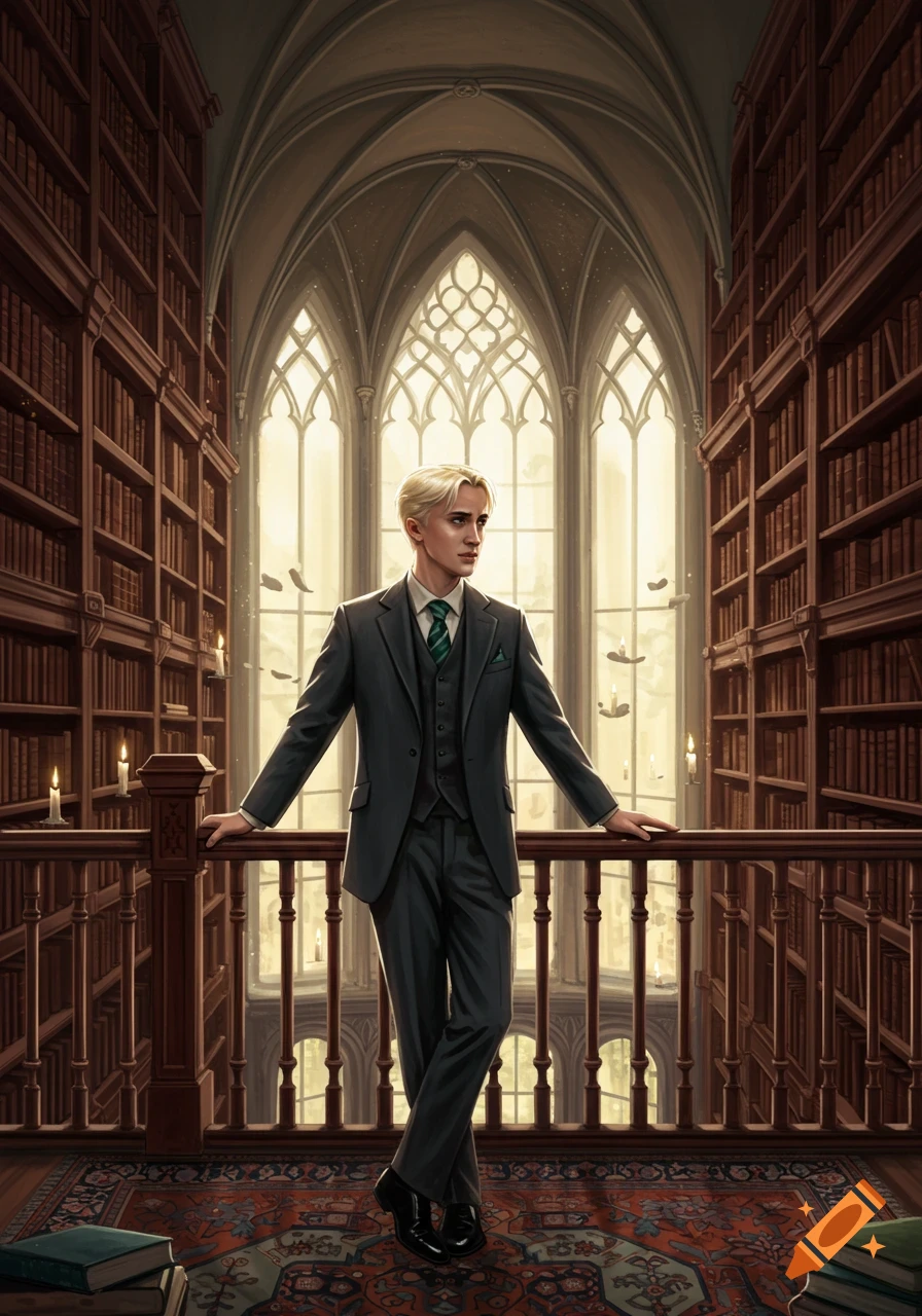 Draco Malfoy, a young man with blonde hair in a suit, stands ...