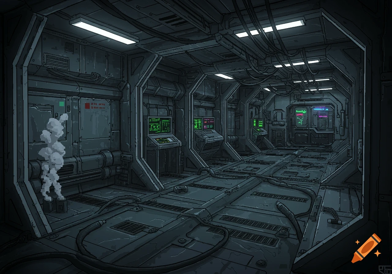 Pixel art depiction of a dark, dystopian space station hallway with ...
