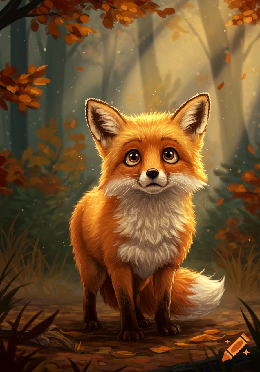 A cute, fluffy orange fox with big eyes stands in an autumnal forest with falling leaves ...