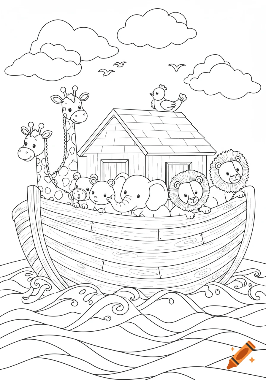 Line art coloring page of Noah's Ark with cute animals like giraffes ...