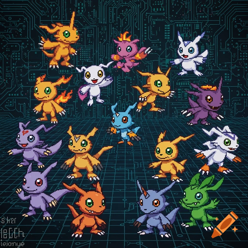 A collage of various colorful pixel art Digimon characters, including ...