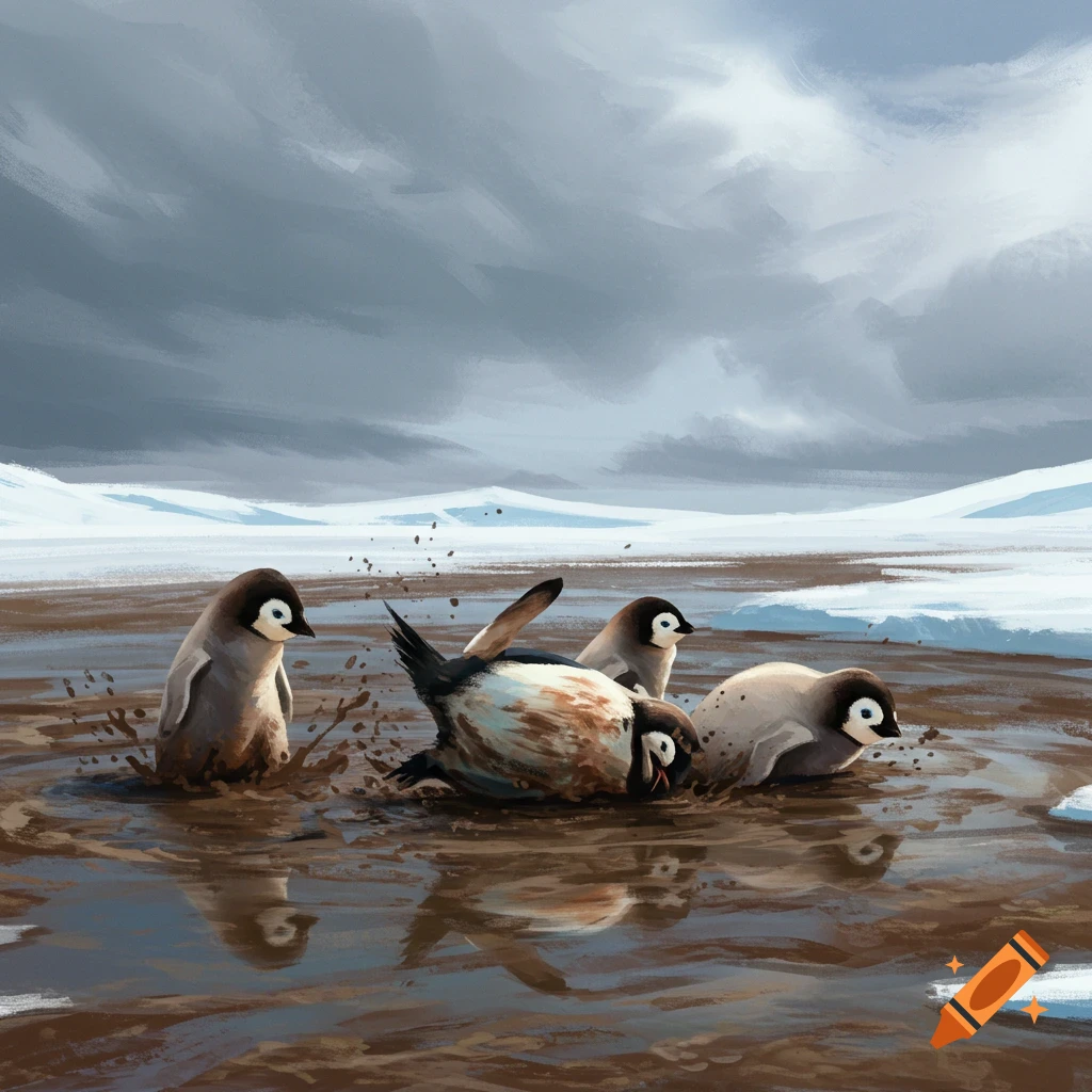 Eight penguins splash and play in a muddy puddle, surrounded by snowy ...