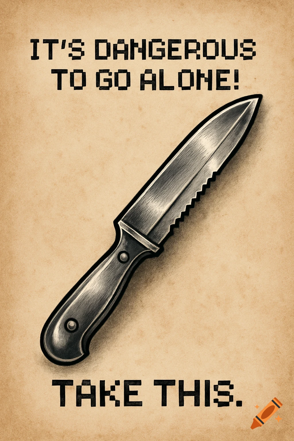 Stylized illustration of a knife on parchment with pixelated text 'IT'S DANGEROUS TO GO ALONE ...