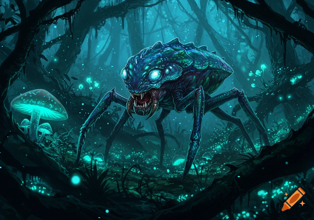 Mysterious mutant creatures with glowing eyes and spiky hair in a dark, misty forest with ...