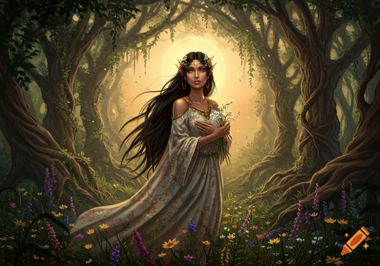An elf-like woman with long dark hair, wearing a golden crown and white ...