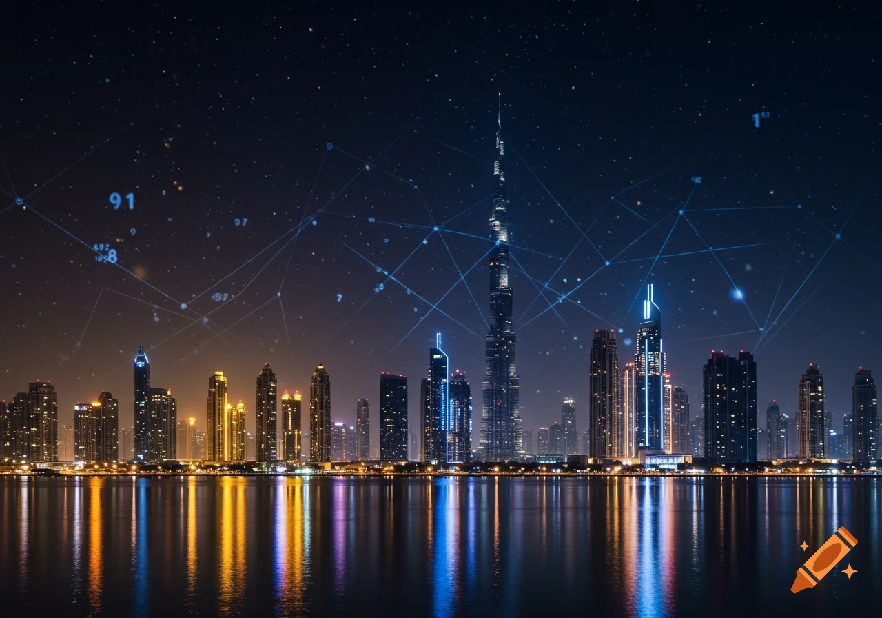 Futuristic night view of Dubai skyline with glowing blue digital ...