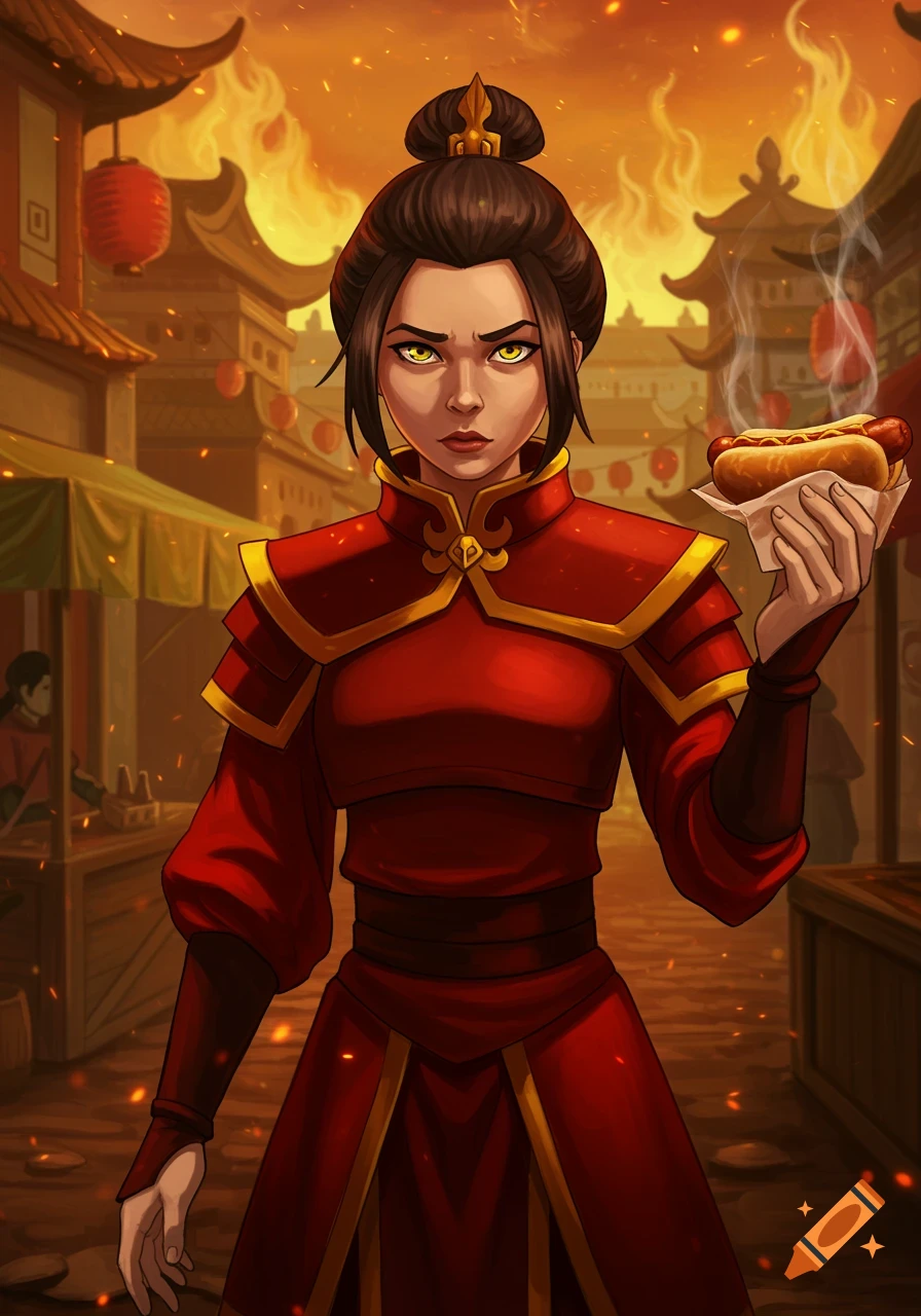 Azula from Avatar holds a hotdog in a fiery market street, depicted in ...
