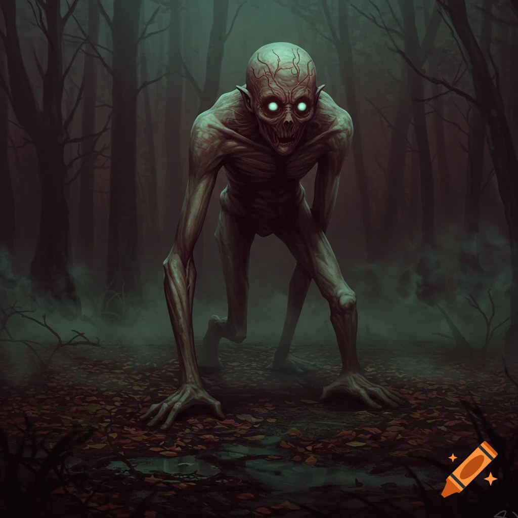 Spooky cryptid creature caught on trailcamera nightvision on Craiyon