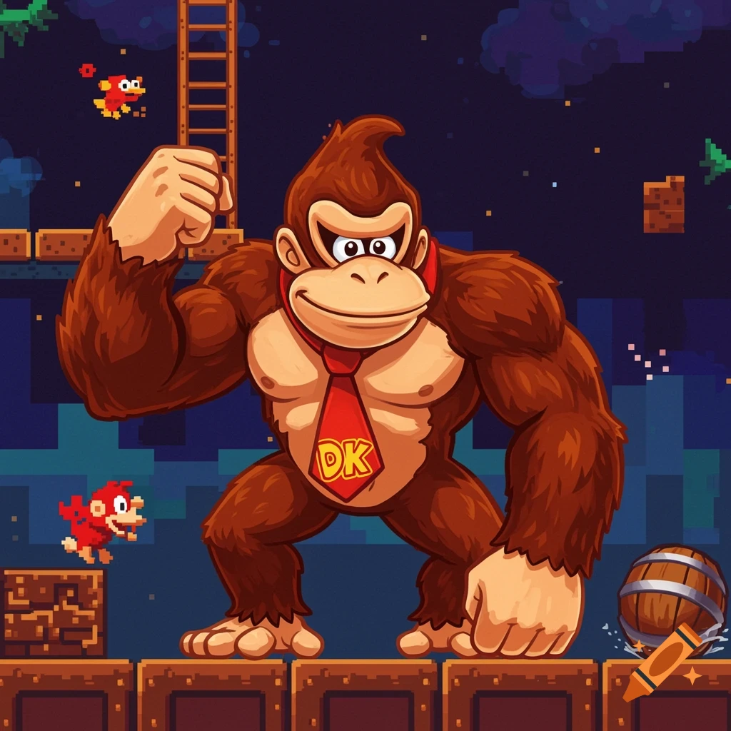 Donkey Kong in an arcade style pixel art environment, flexing his arm with a barrel and a red ...