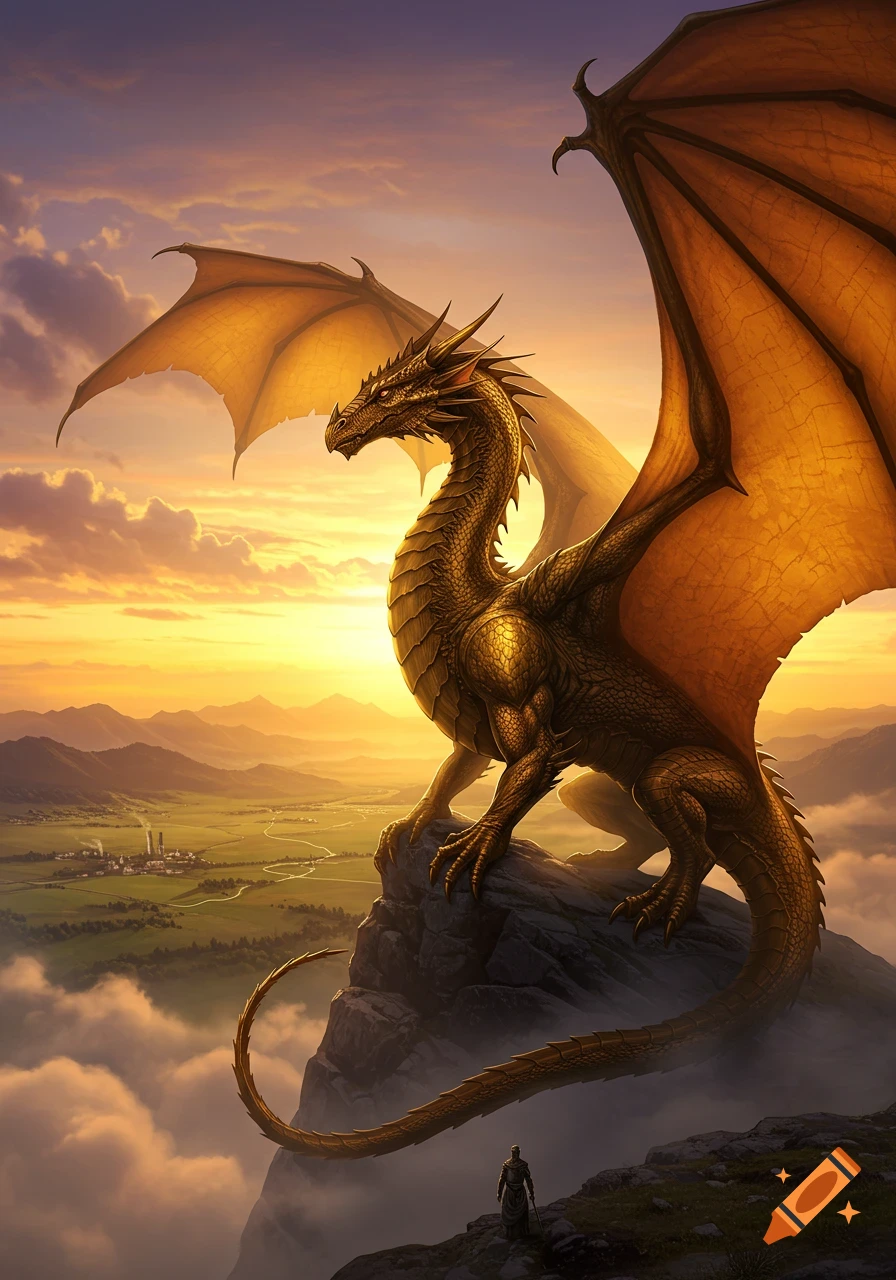 A large red dragon with outstretched wings perches on a mountain peak ...