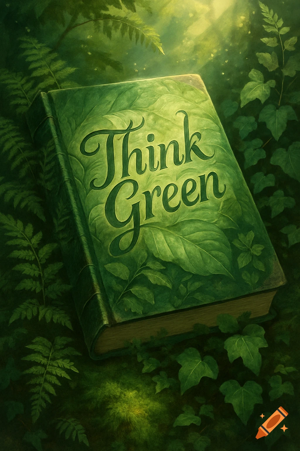 A book with 'Think Green' on its cover, surrounded by green foliage, in ...