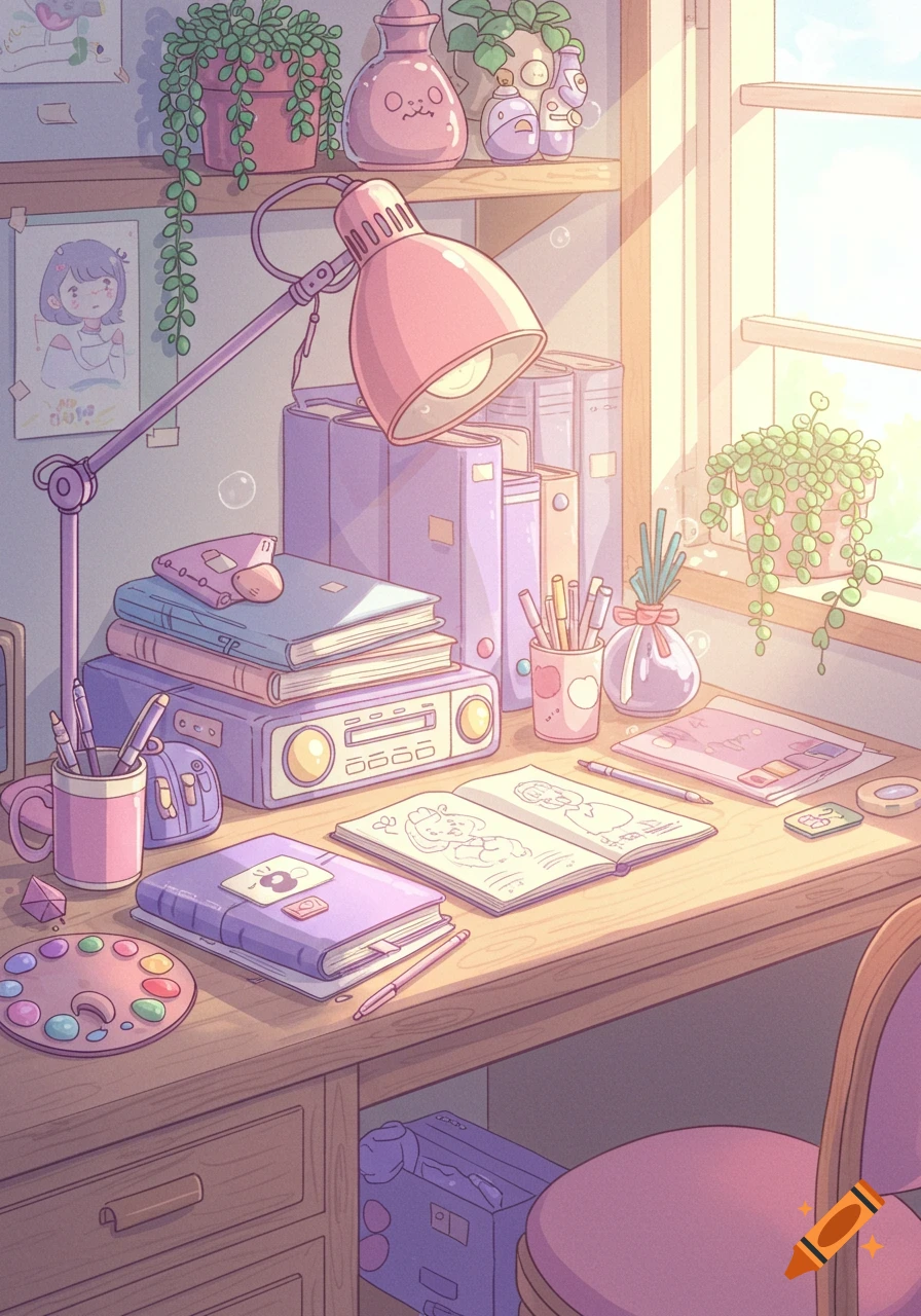 A bright, retro anime-style cluttered desk with books, a pink lamp ...