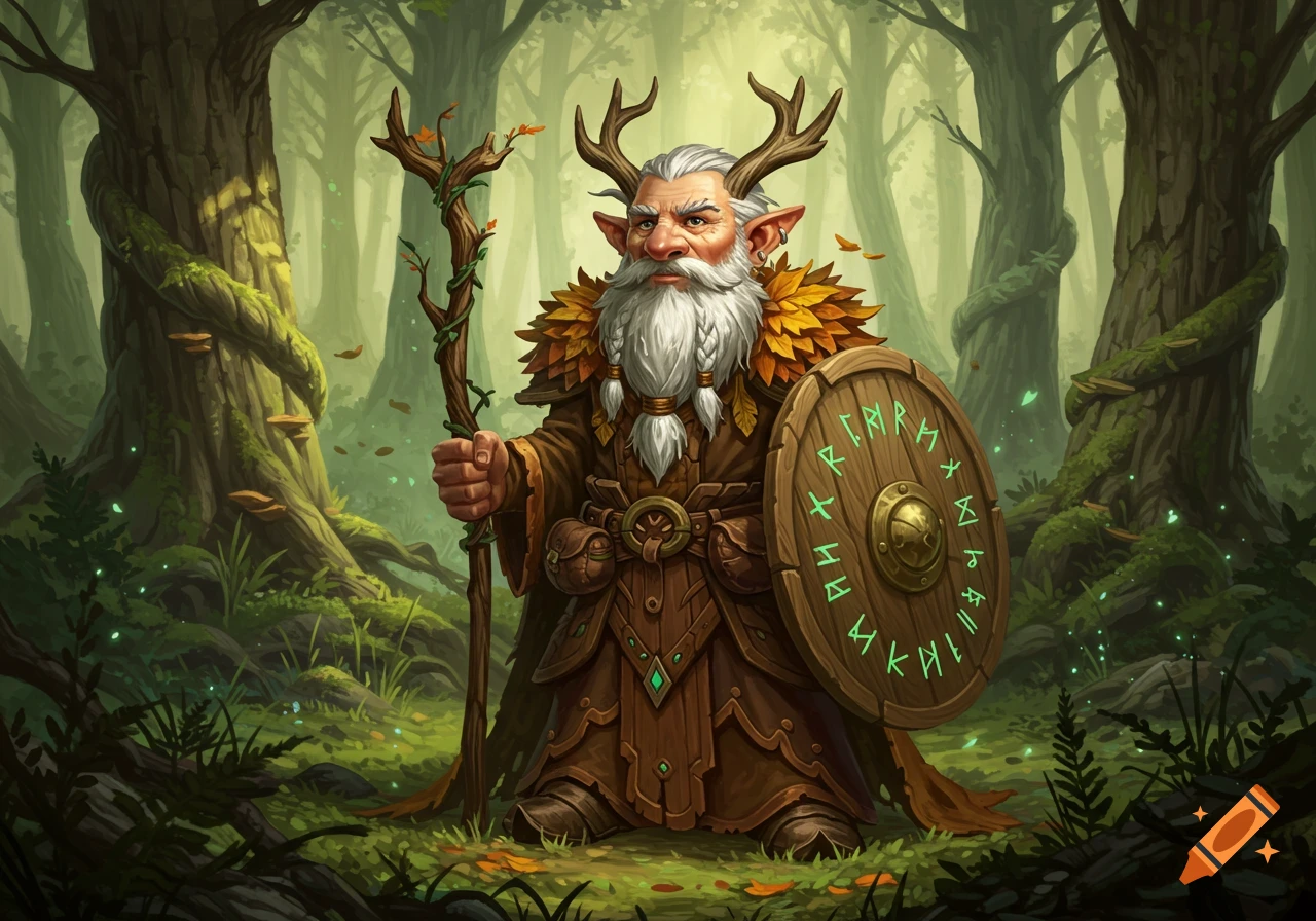 A white-bearded wizard in a blue, star-patterned robe stands in a misty ...