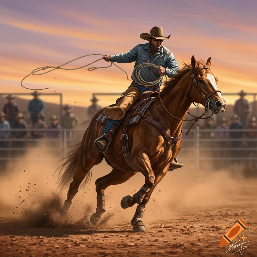 A cowboy on a brown horse gallops in a dusty rodeo arena, holding a lasso. on Craiyon