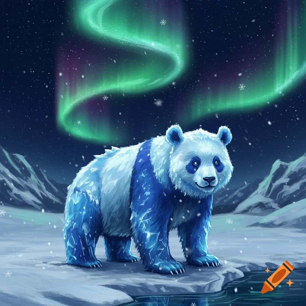 A white and blue ice panda stands on a snowy landscape under a starry ...