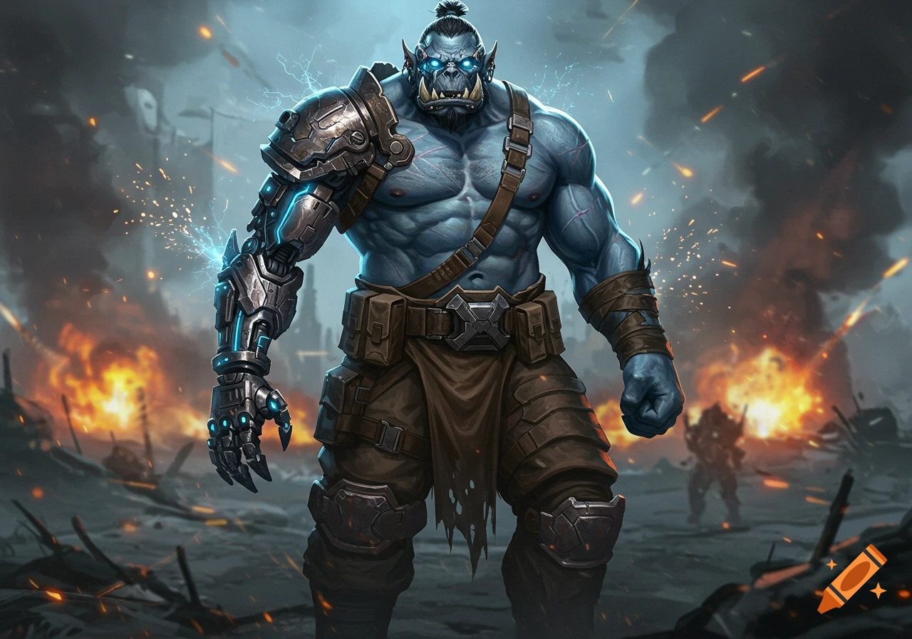 A heavily armored fighter with a rifle confronts a huge, green super ...