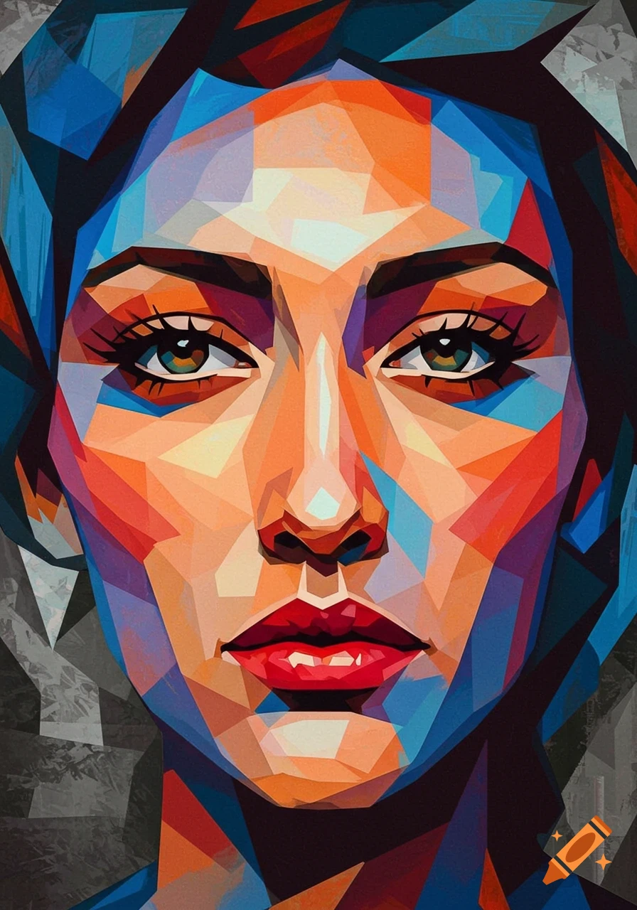 Close-up abstract cubist portrait of a woman's face composed of sharp geometric shapes in blue ...