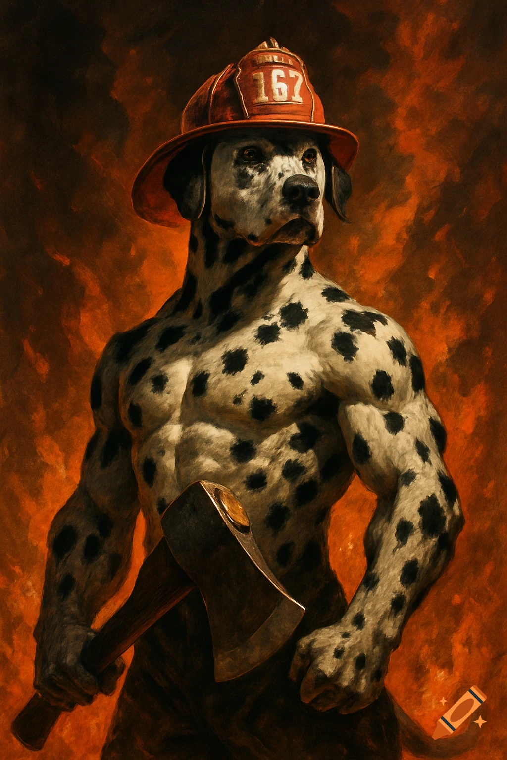 A muscular Dalmatian in a red firefighter helmet holding an axe, with ...