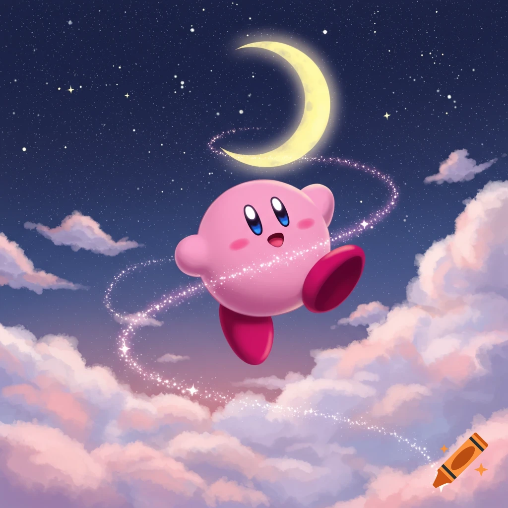 Kirby floats happily amidst anime-style characters, candy, confetti ...