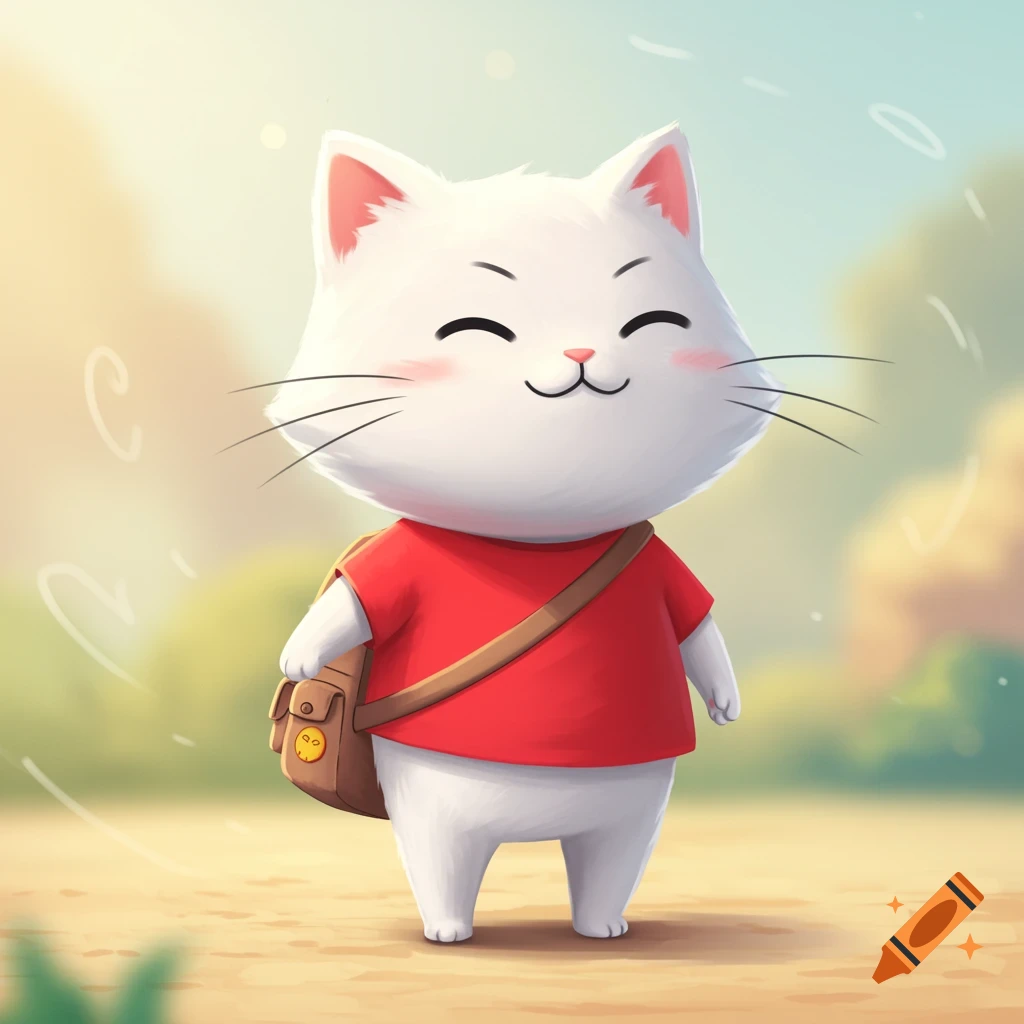 A cute white cartoon cat with rosy cheeks, wearing a red t-shirt and a ...