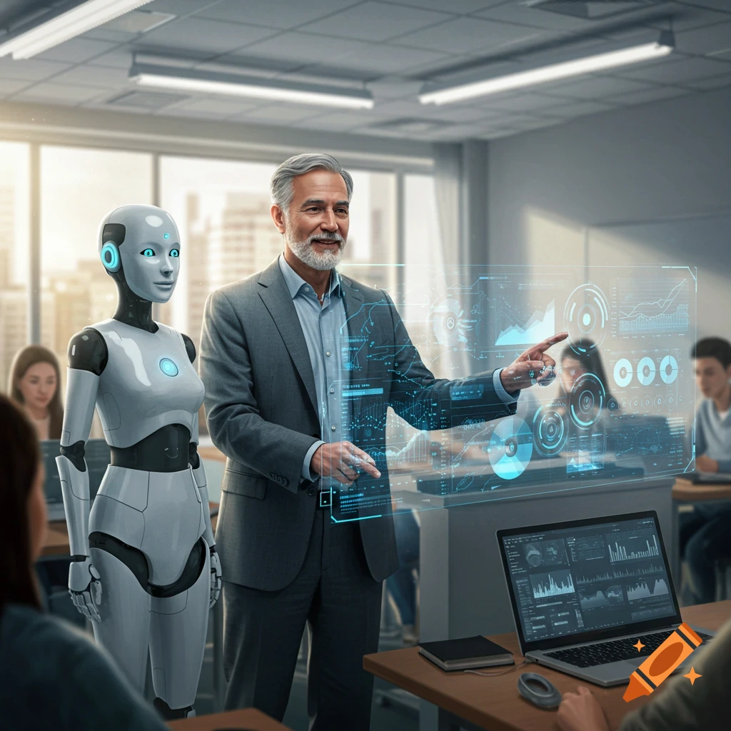 A male teacher and a white robot stand in a modern classroom, pointing ...