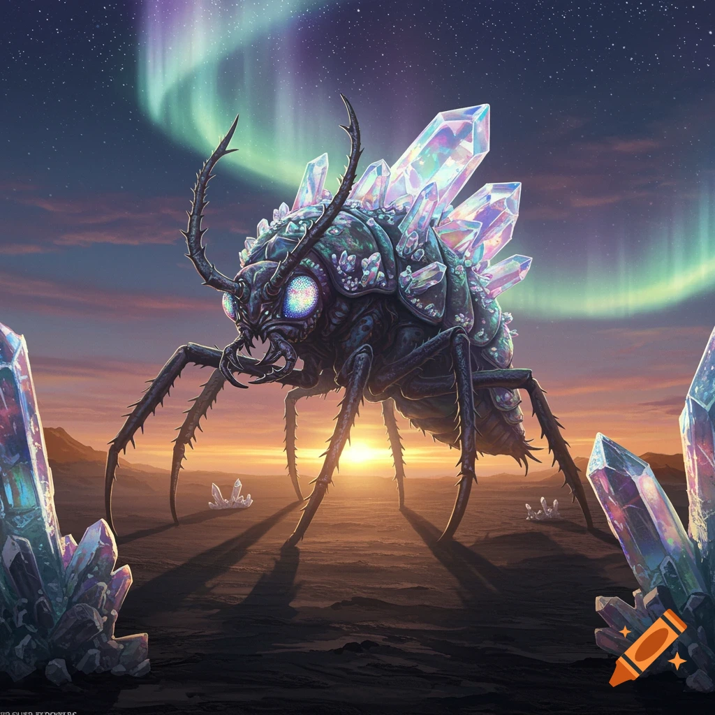 A monstrous crystal-encrusted insect stands in a desolate landscape at ...