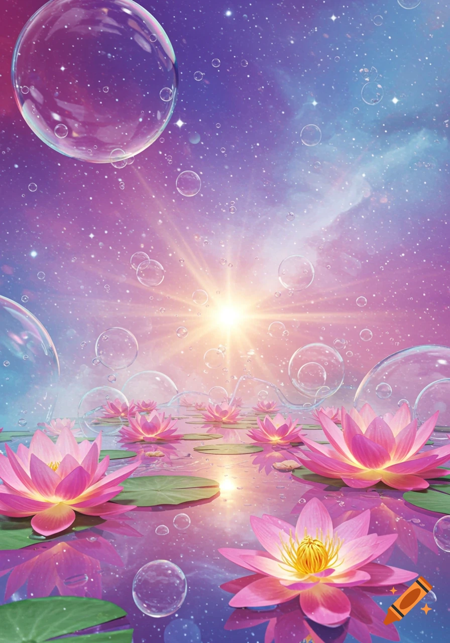 Pink lotus flowers float on a reflective water surface under a vibrant ...