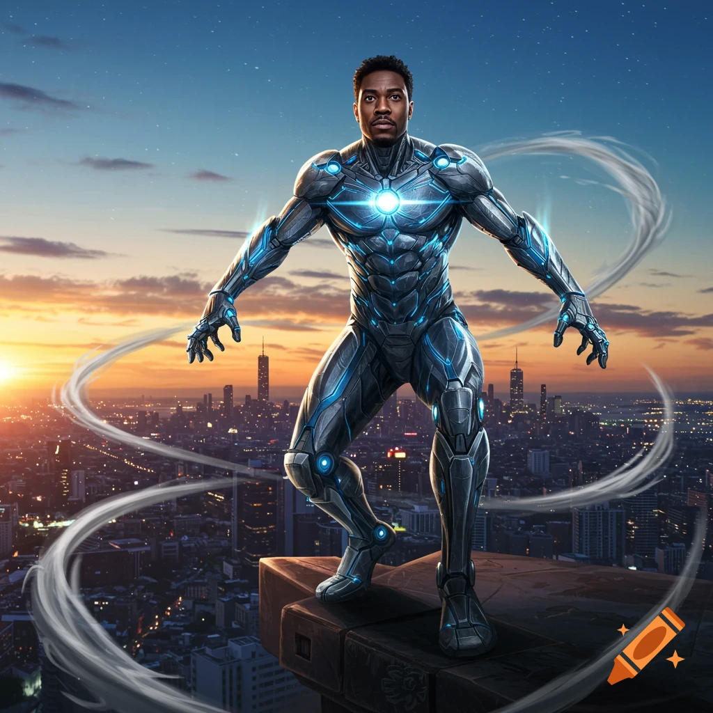 A superhero in a white armored suit and cape stands overlooking a ...