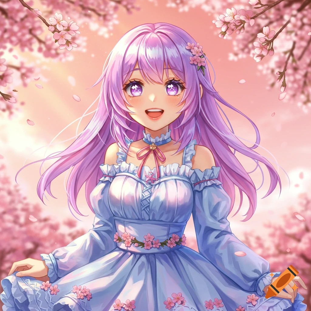 Anime girl with purple hair and eyes, wearing a blue dress with cherry ...