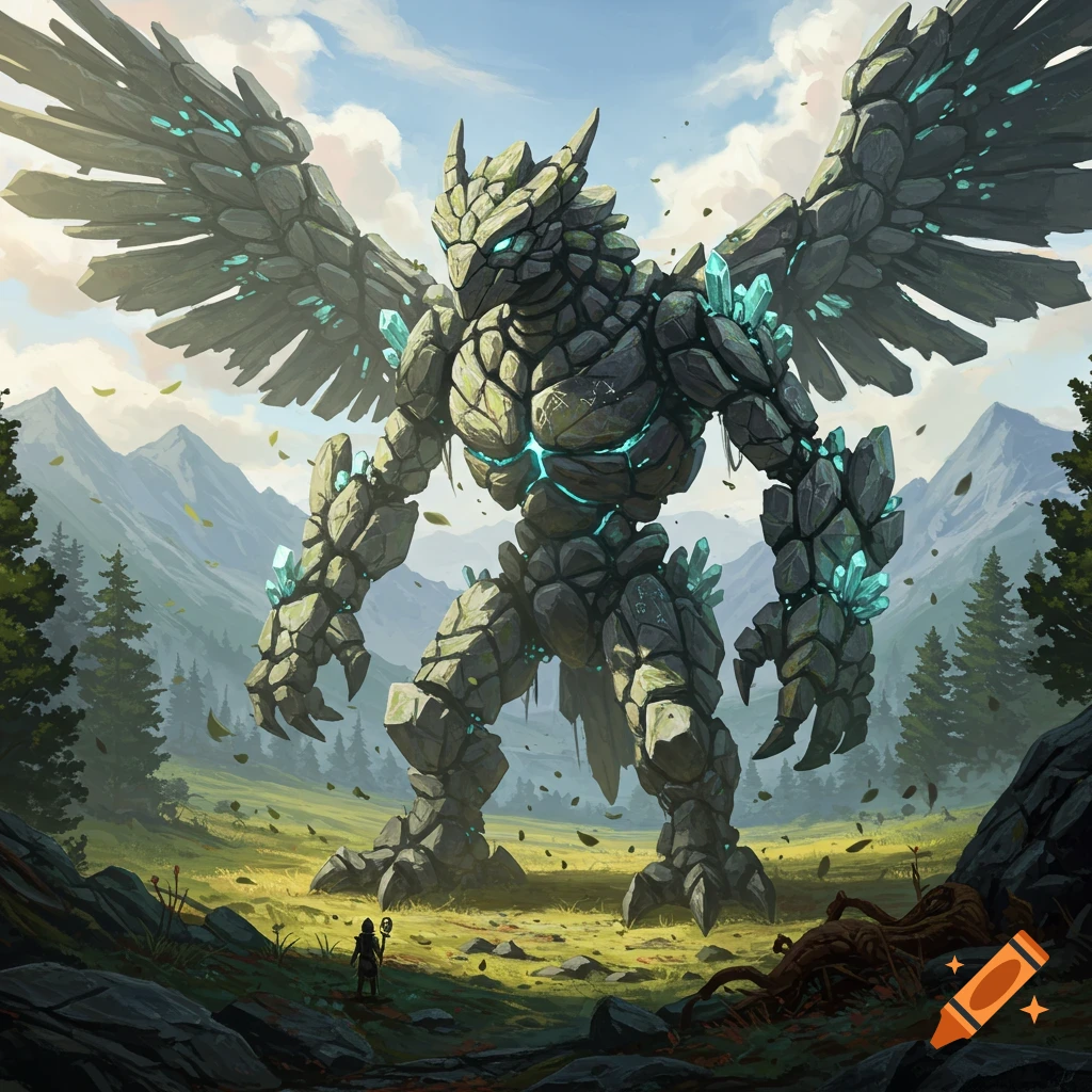 A colossal elemental stone golem with glowing lava and green crystals ...