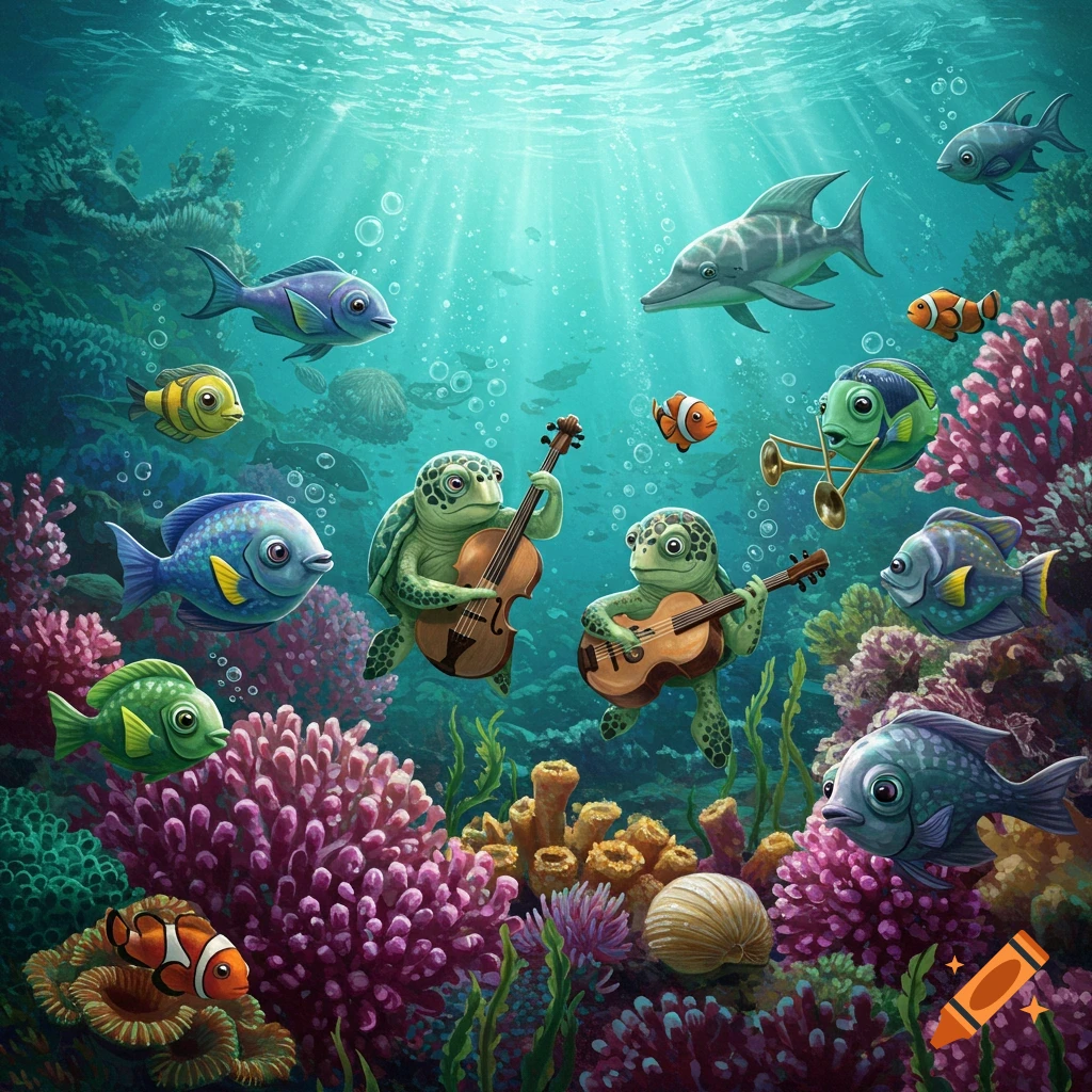 Cartoon turtles play a cello and guitar on a vibrant coral reef, surrounded by colorful fish and ...