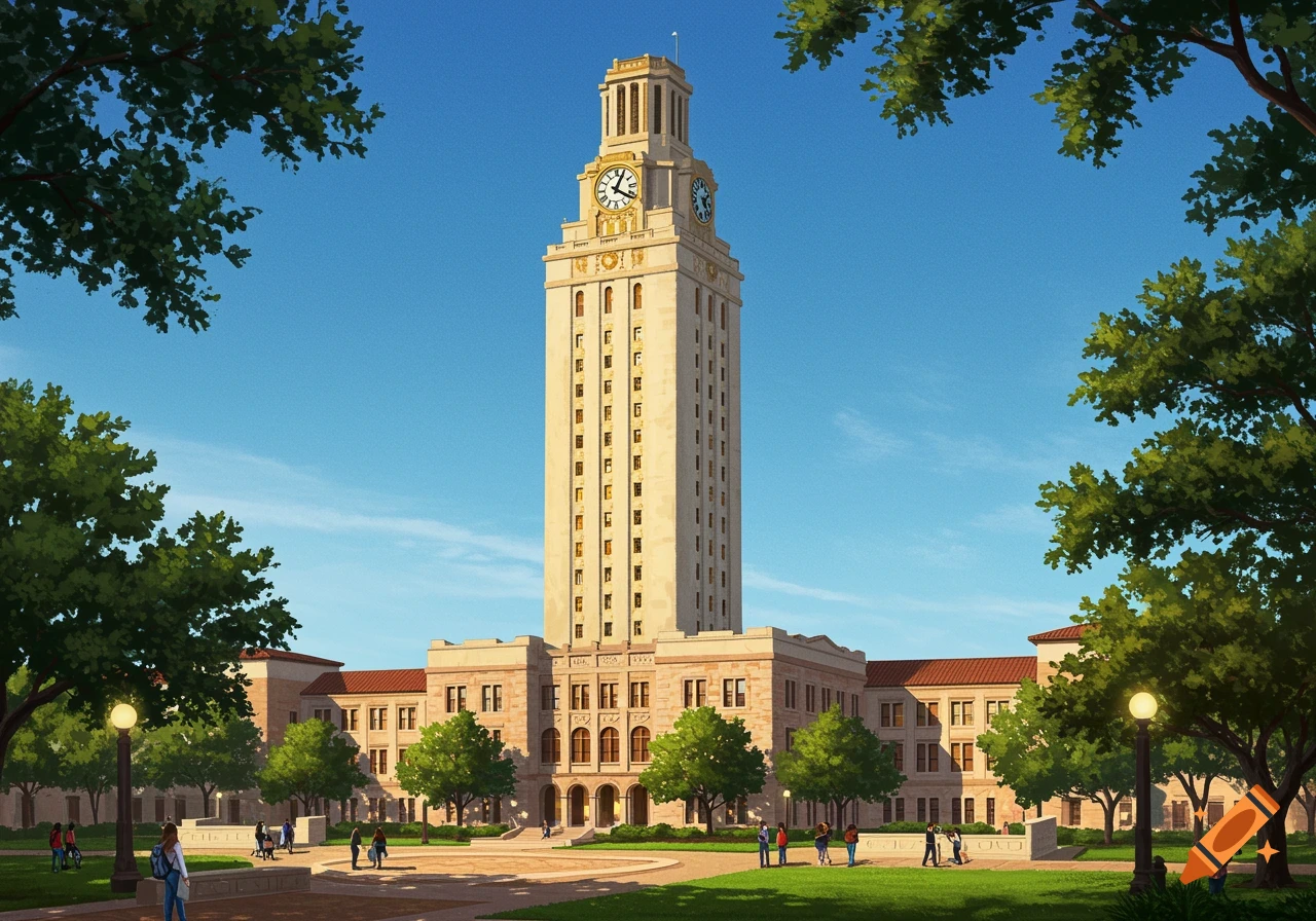 A tall university tower with a clock, surrounded by green lawns and ...